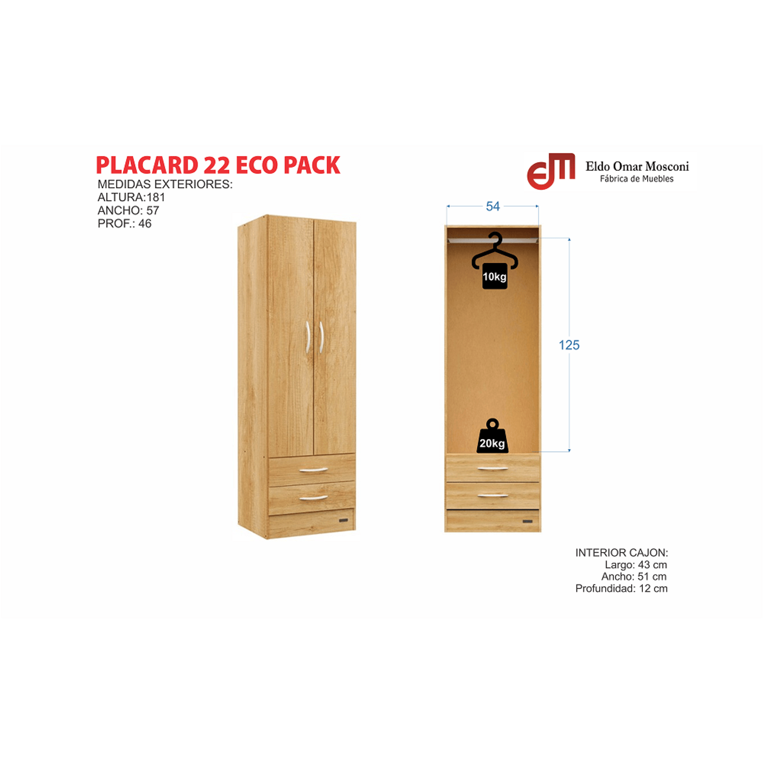 Placard Mosconi 2 Puertas 2 Cajones Mendra 57x181 cm