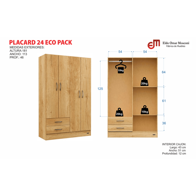 Placard Mosconi 4 Puertas 2 Cajones Mendra 113x181 cm