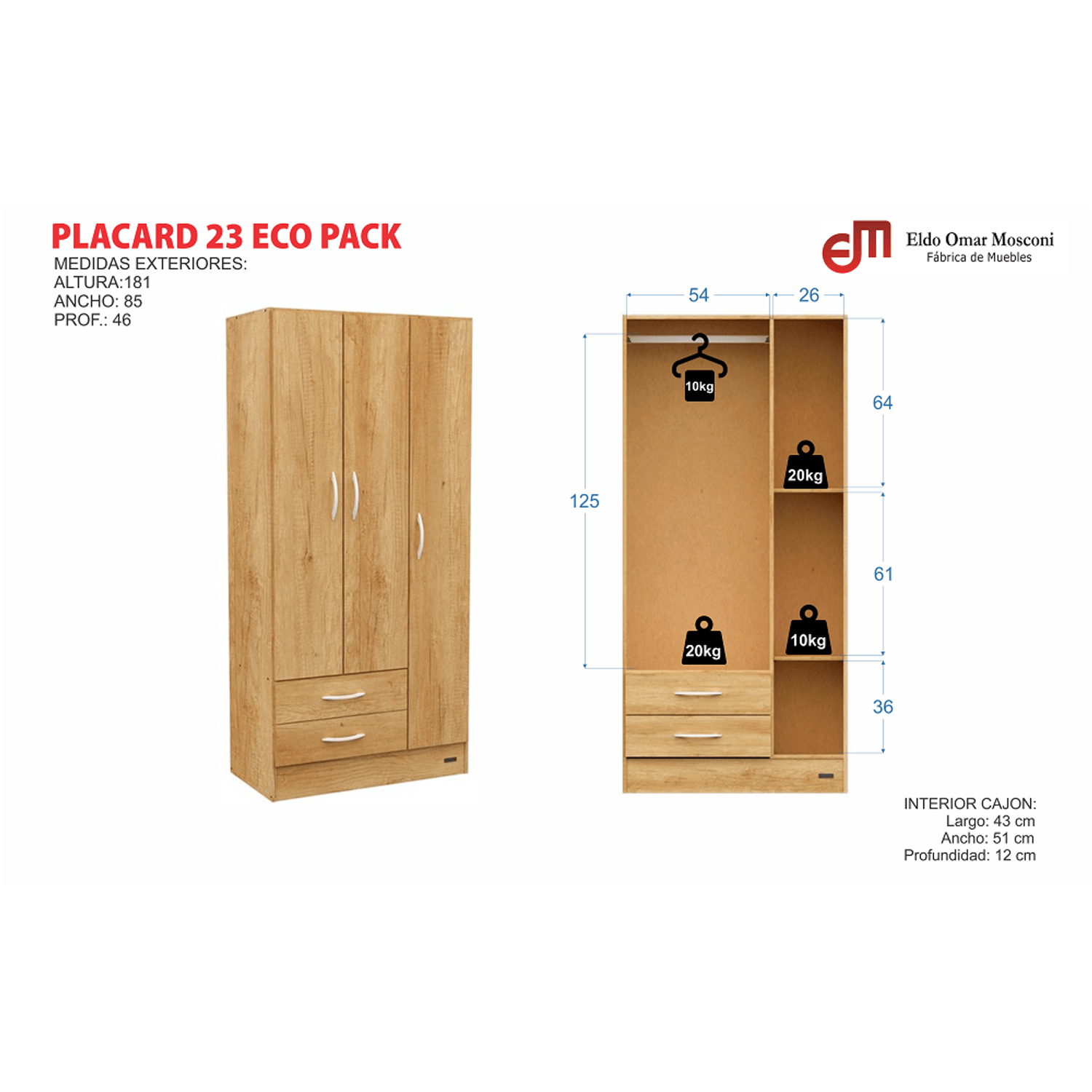 Placard Mosconi 2 Puertas 2 Cajones Mendra 85x181 cm