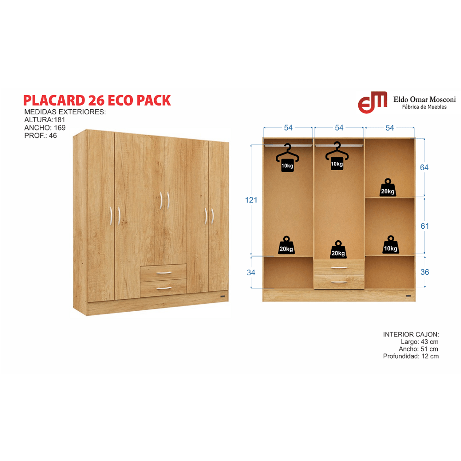 Placard Mosconi 6 Puertas 2 Cajones Mendra 169x181 cm